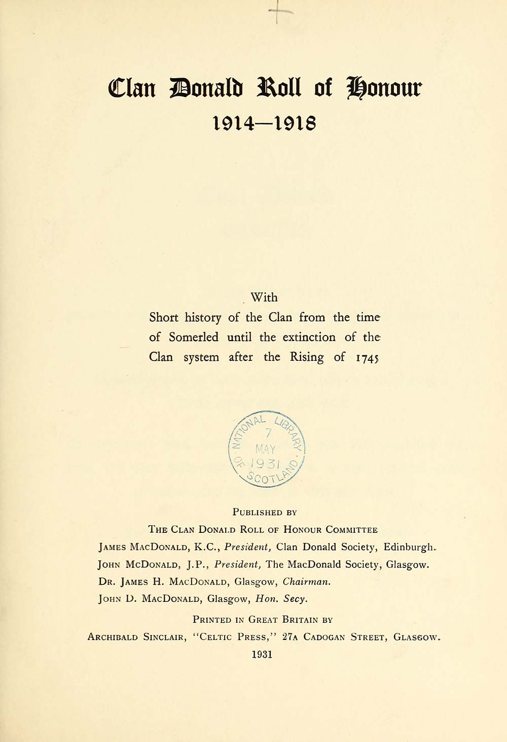 (7) Title page - Organisations > Clan Donald roll of honour - Rolls of ...
