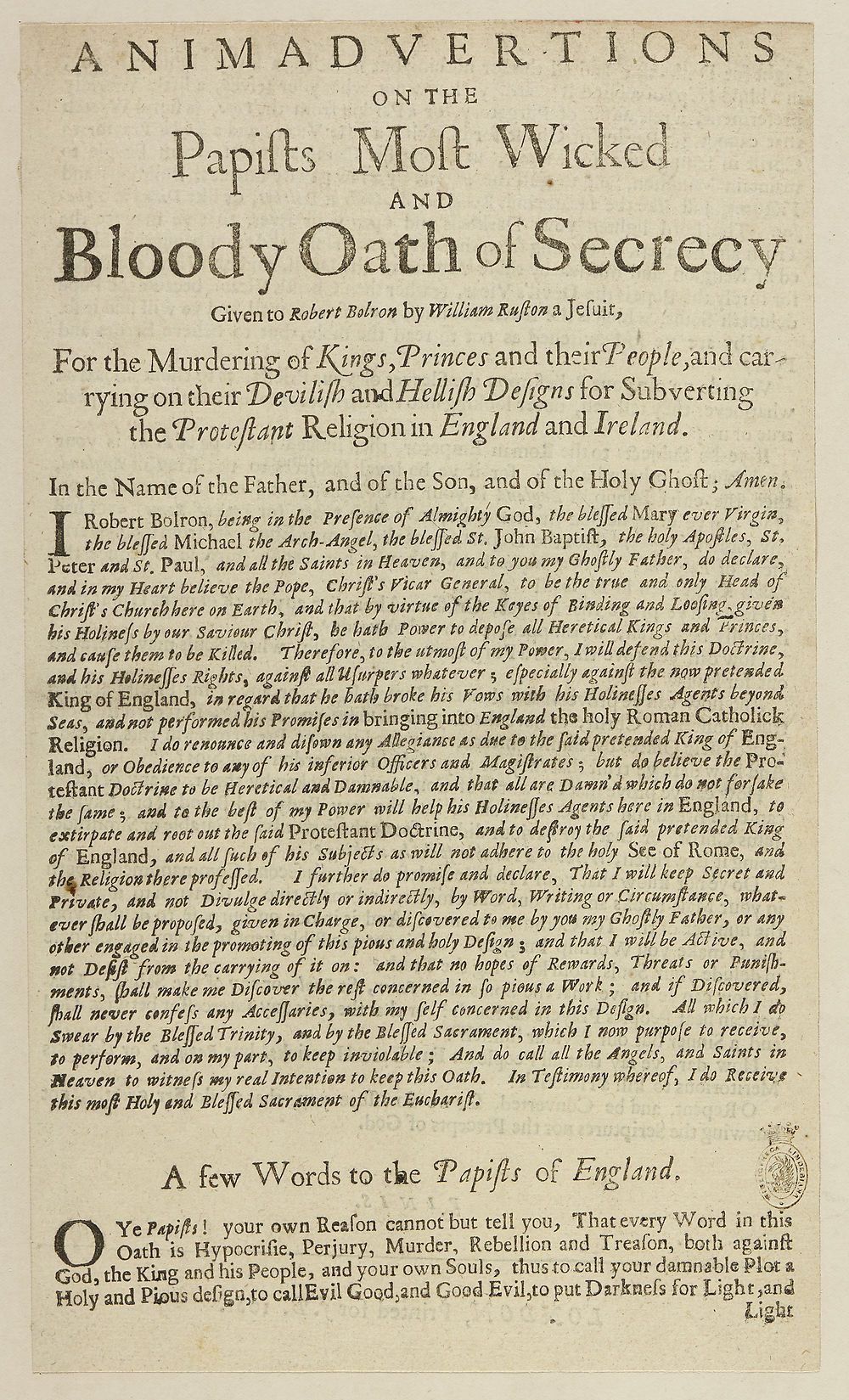 (1) - Animadvertions on the papists most wicked and bloody oath of ...