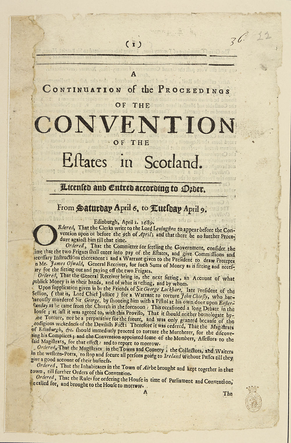 (1) - Continuation of the proceedings of the Convention of the Estates ...
