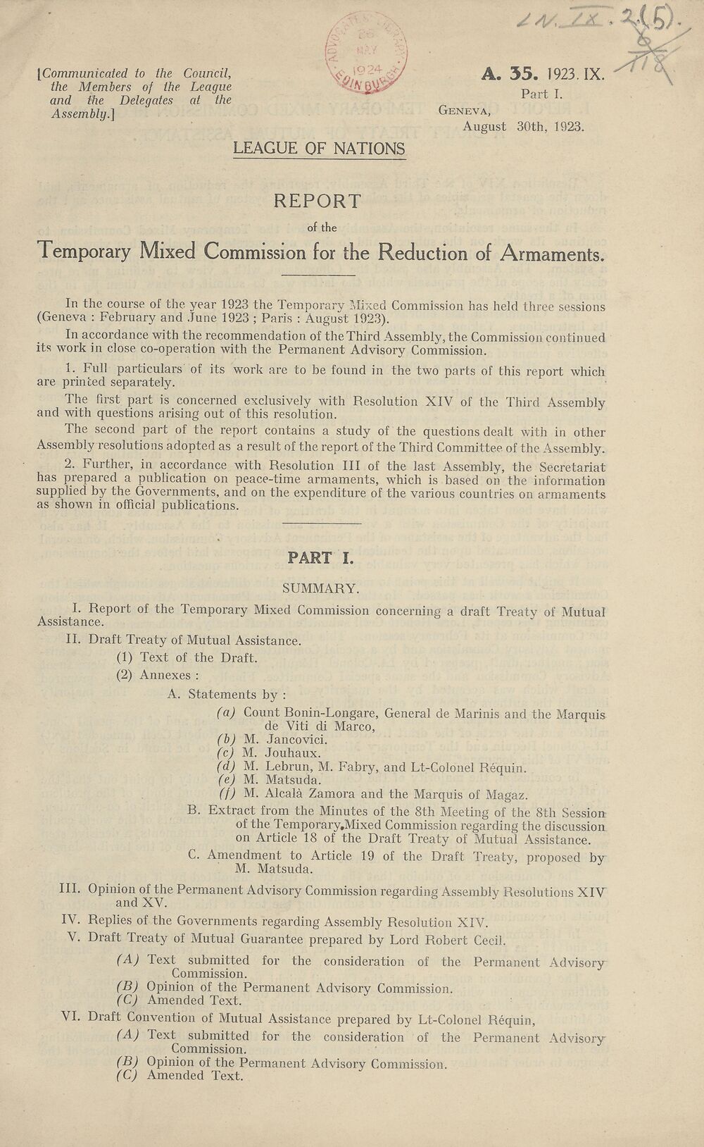 (1) - Armament > Report of the Temporary Mixed Commission for the ...